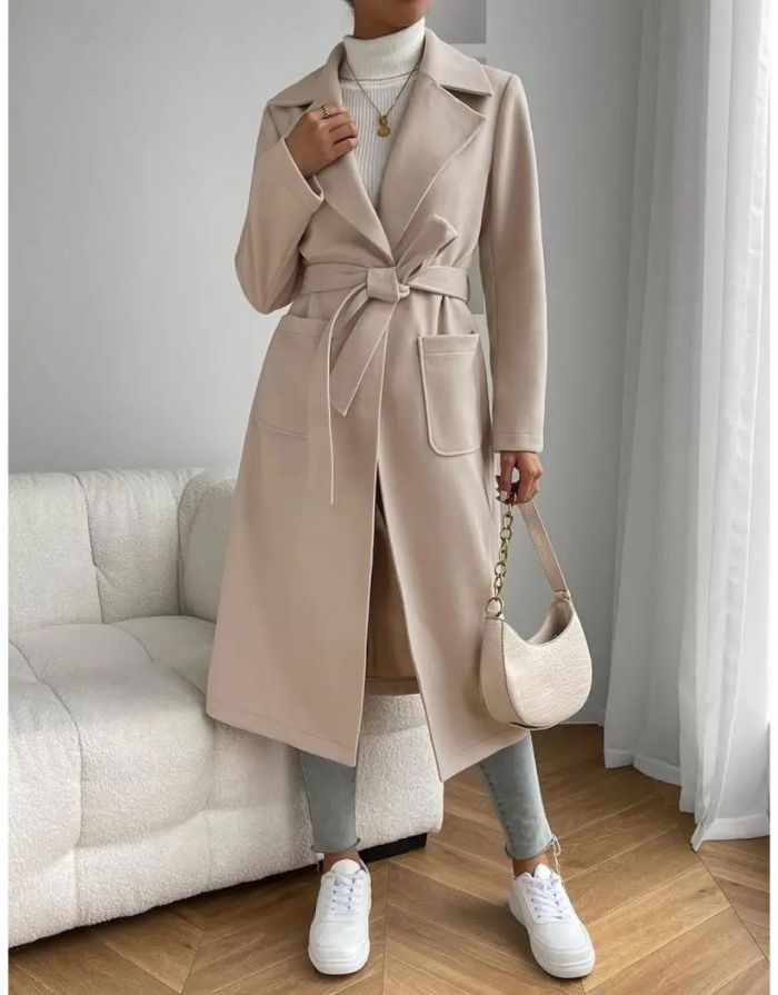 Sobretudo Bege Feminino Aberto Lisa com Cinto